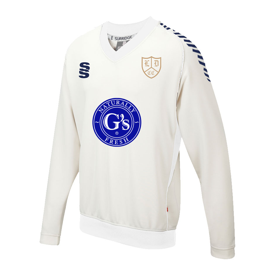 Little Downham CC Dual Long Sleeve Match Sweater White Navy Stripes ...